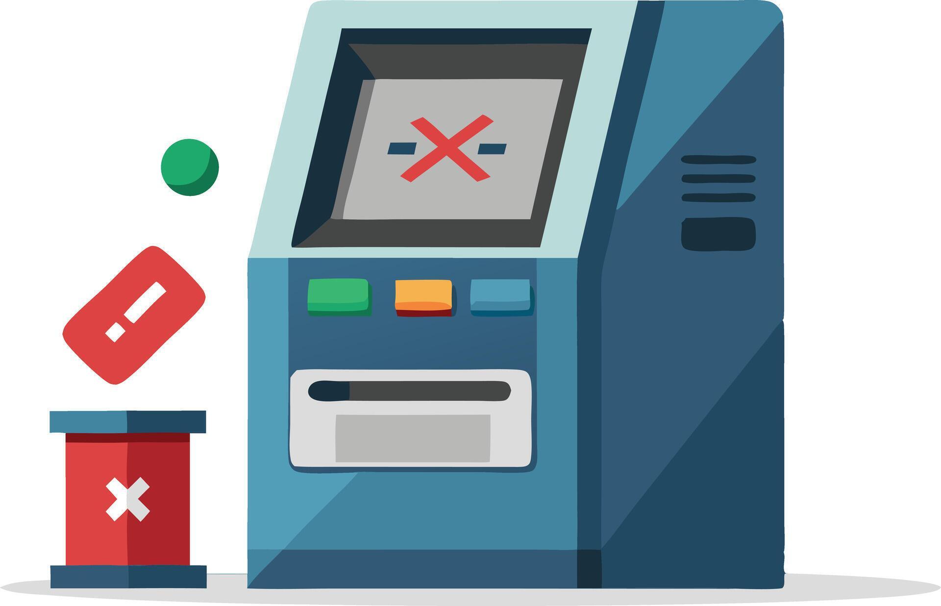 ATM machine with an error sign, representing financial problems, card issues, and money ...