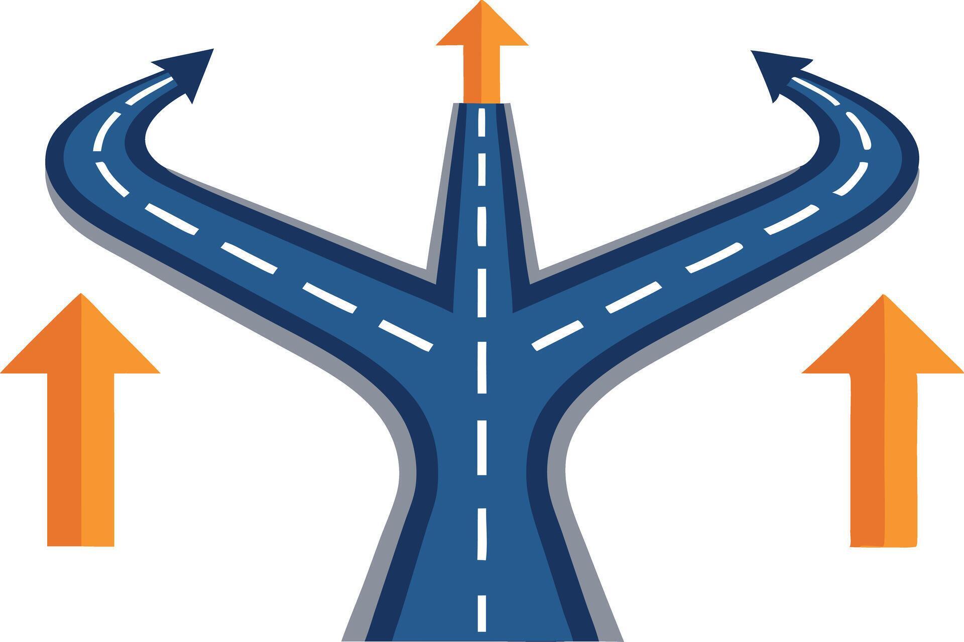 A winding road splitting into different paths with arrows pointing upward, representing growth ...