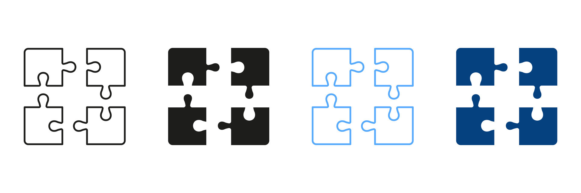 Jigsaw Square Pieces Match Line And Silhouette Icon Set Puzzle Challenge Teamwork Logic Game