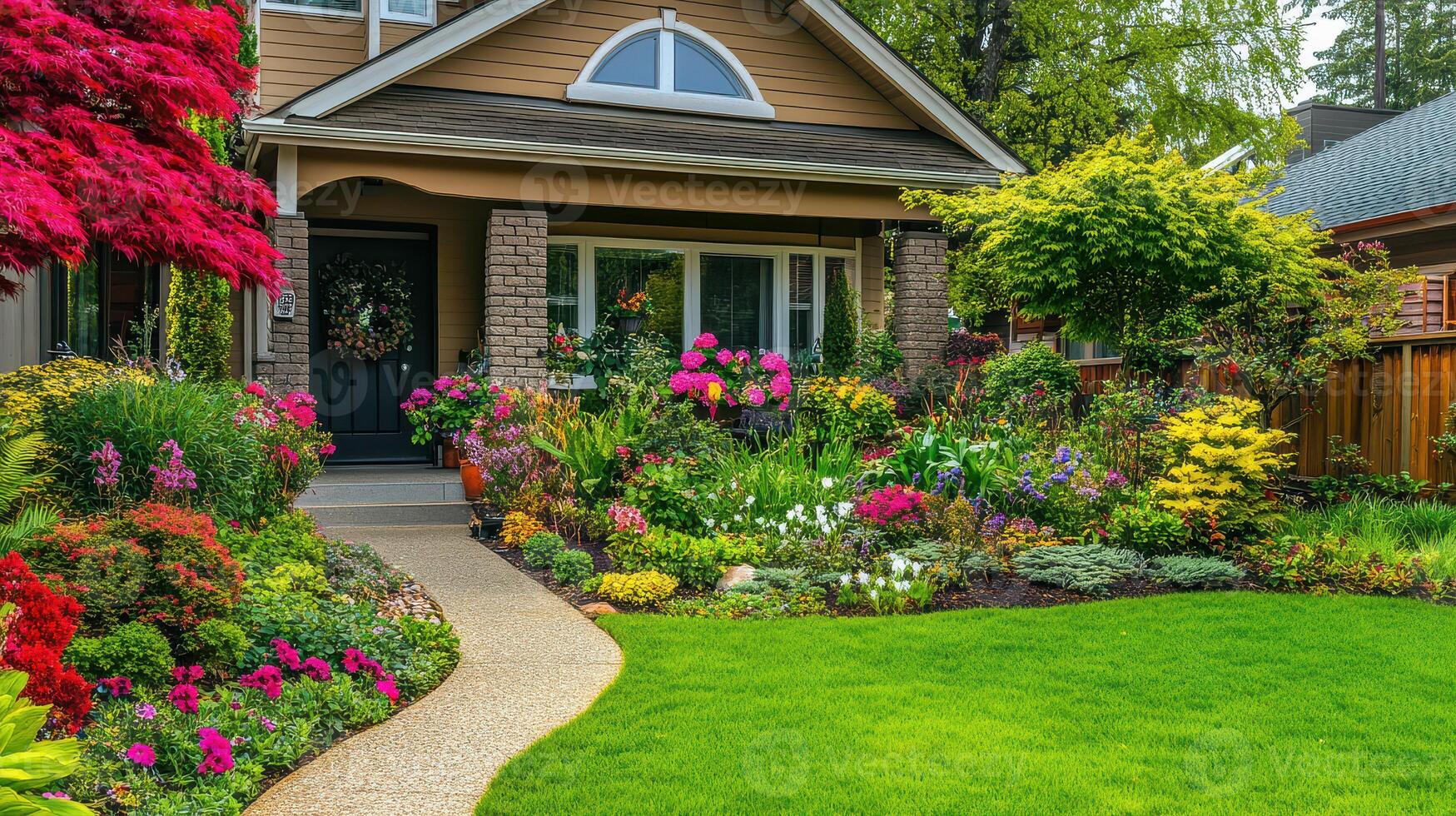 A beautiful yard with flowers and a house 50502820 Stock Photo at Vecteezy