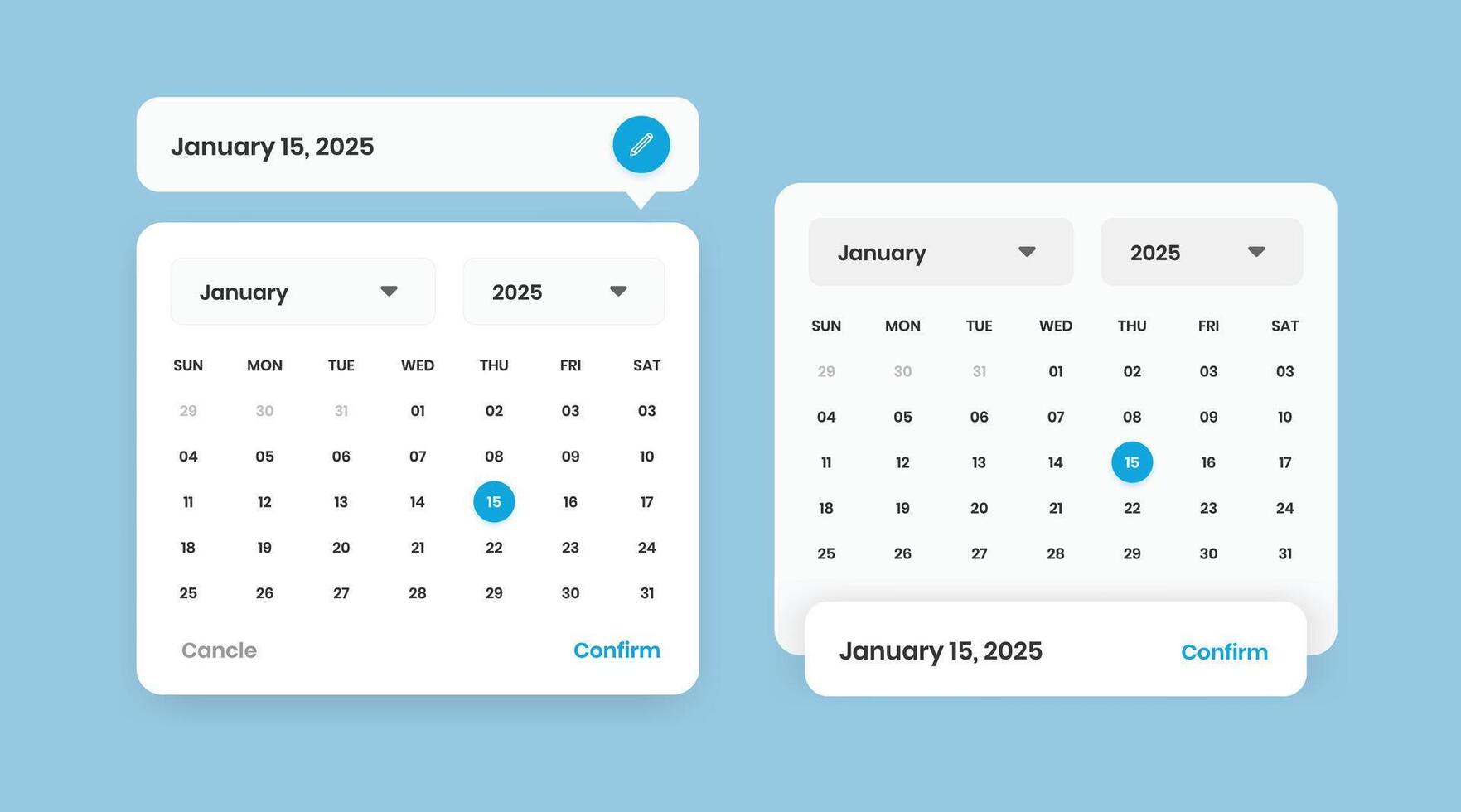 Modern date picker calendar popup layout design with two variations for mobile and web interface ...