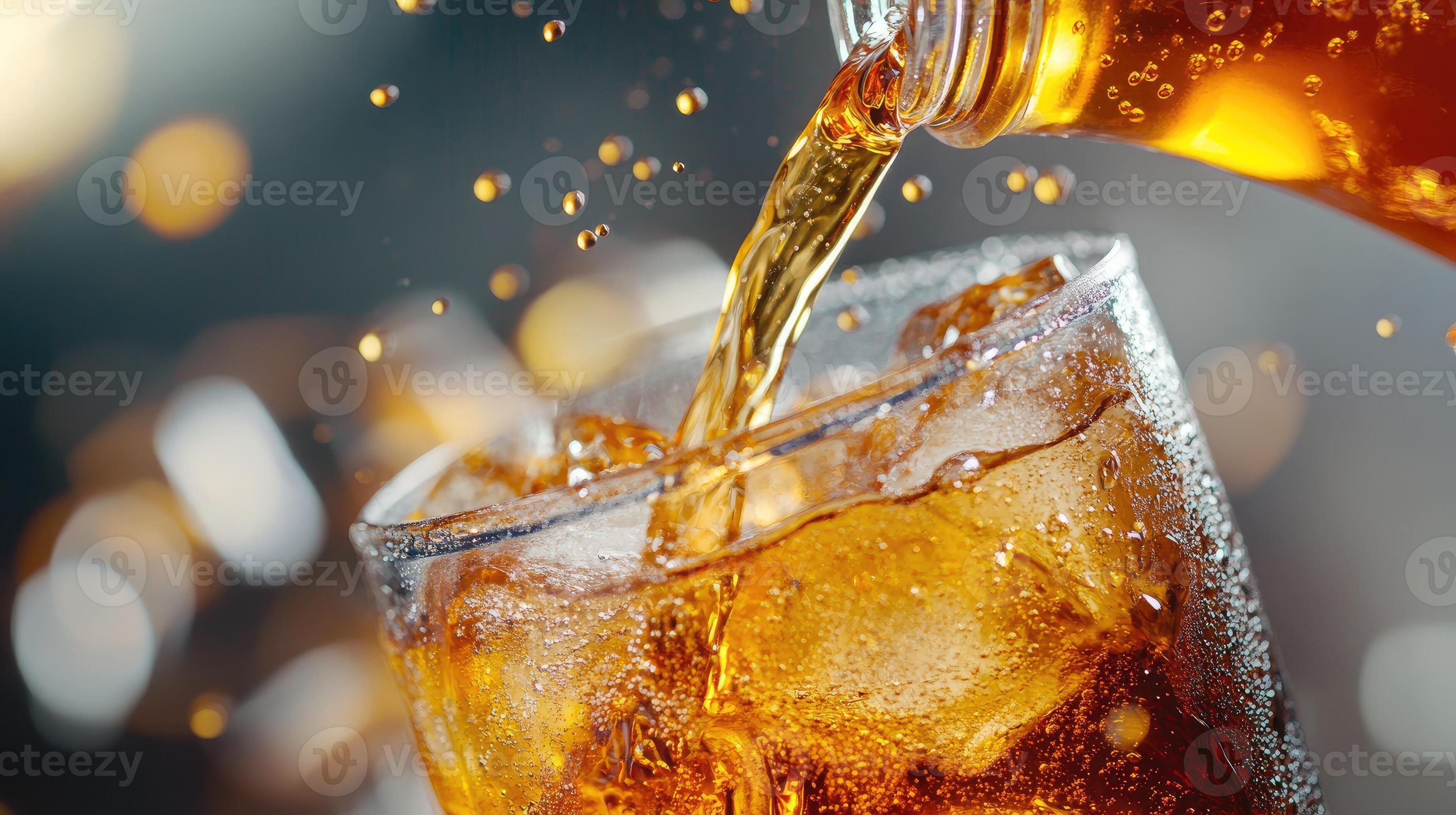 Pouring amber liquid into a glass with ice and bubbles 50516398 Stock Photo at Vecteezy