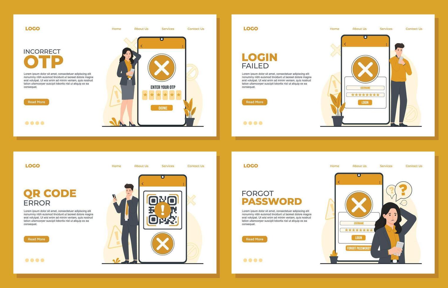 Set of landing page verification failed illustrations concepts Forgot password Login failed ...
