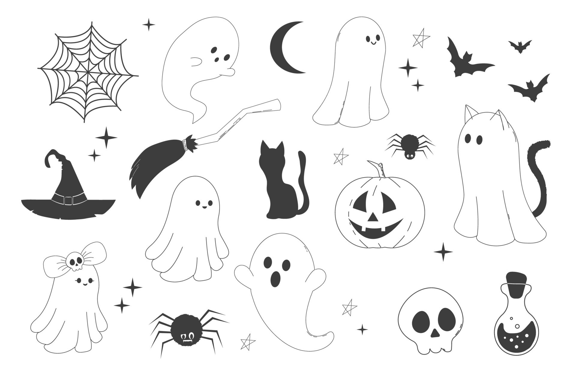 Set Halloween ghost with witch hat, skull, cute doodle characters and ...