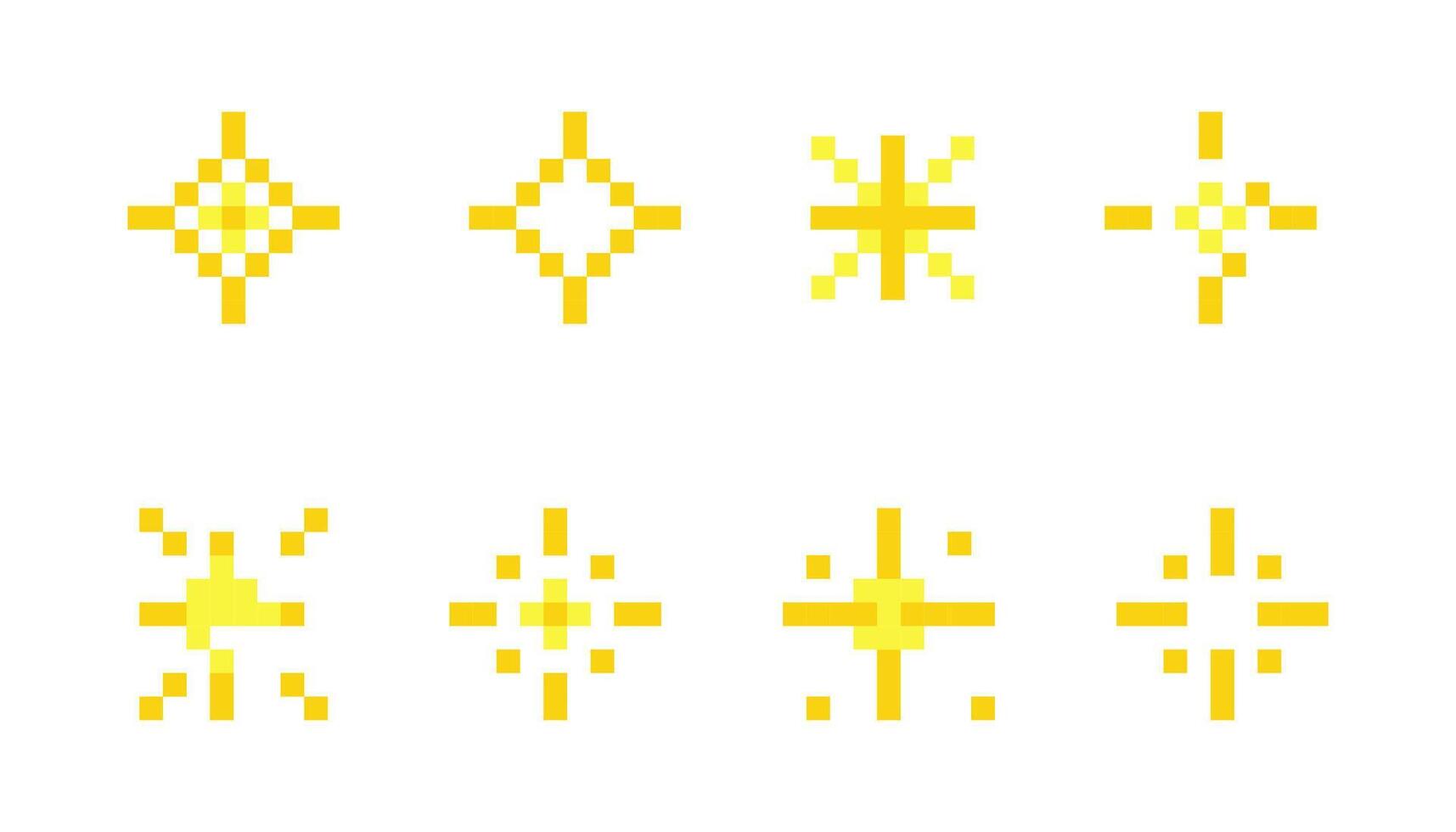 Pixel star retro 8 bit sparkle set. Shiny game pixel art effect set. Firework burst, space ...