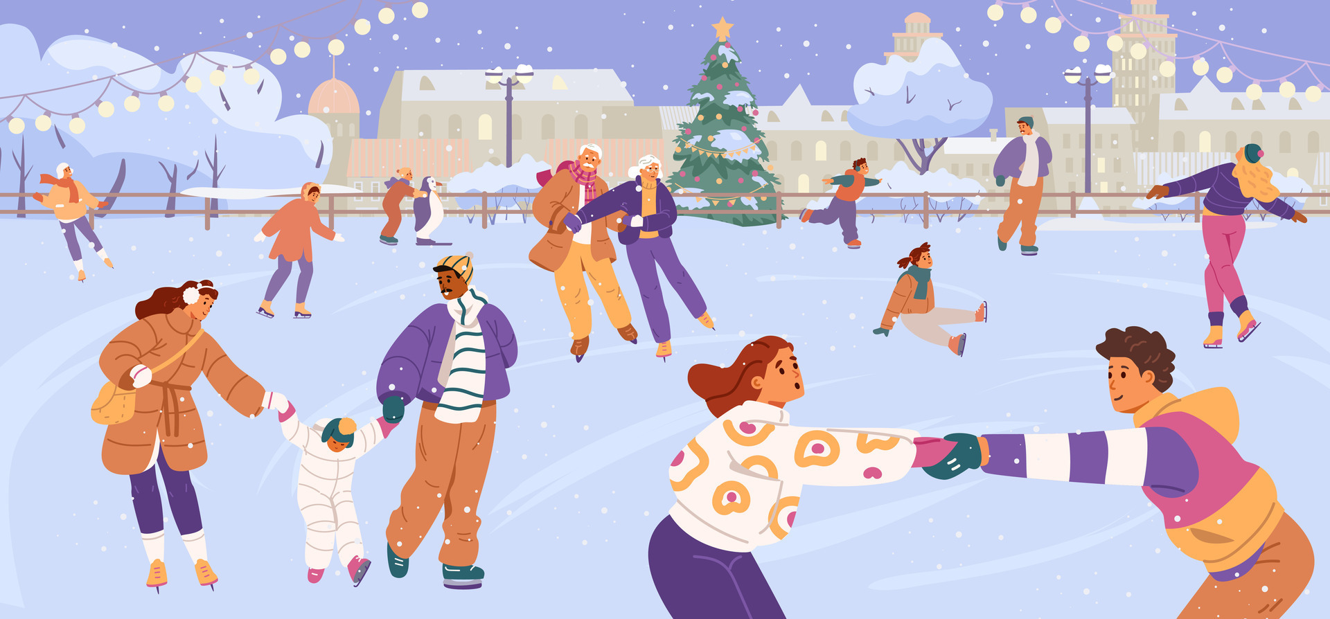 Outdoor ice rink with lots of different people skating with Christmas ... Outdoor ice rink with lots of different people skating with Christmas ...