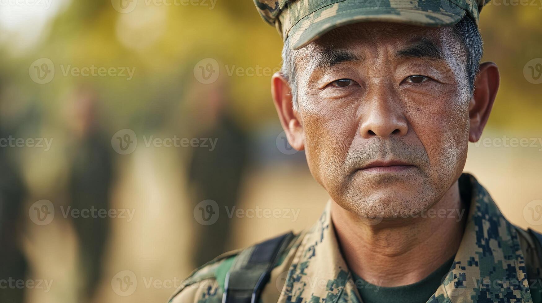Middleaged East Asian Male Soldier in Military Uniform Standing Outdoors, Army Service and ...