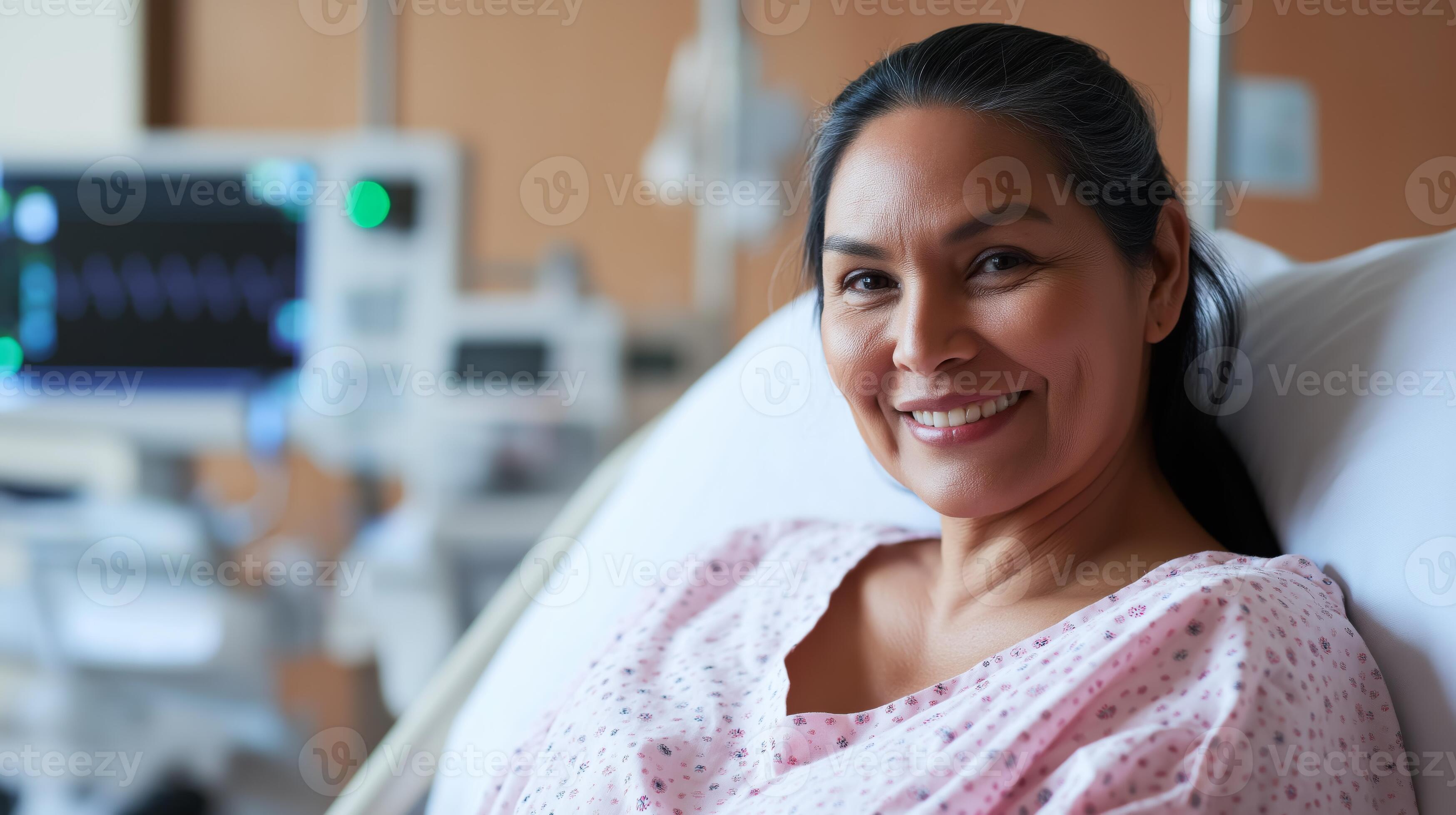 Smiling Native American Woman in Mid 40s Resting Comfortably in Hospital Bed, Medical Background ...