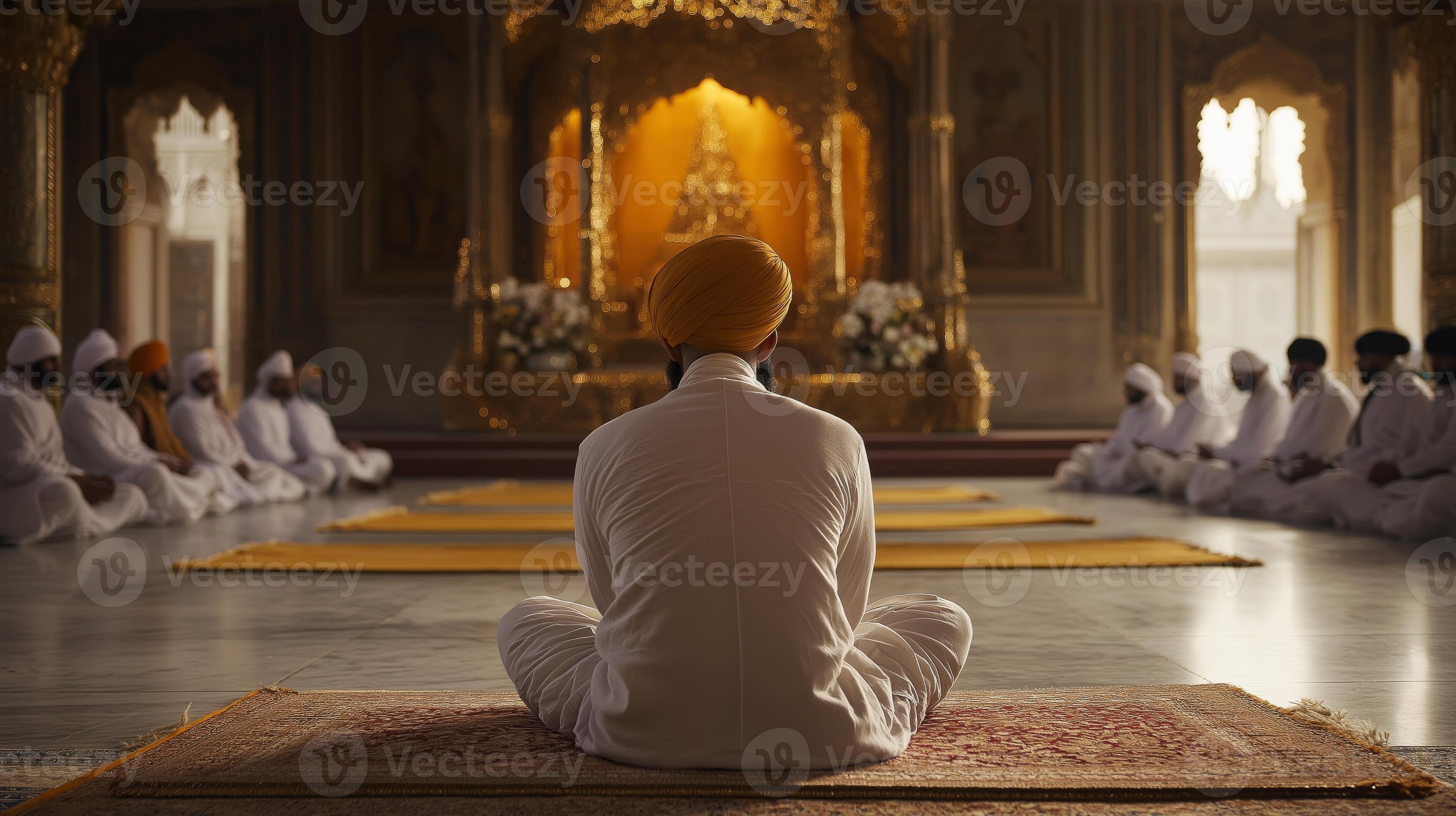 Sikh Man in Traditional White Clothing and Turban Meditating in Golden Temple, Religious Ritual ...