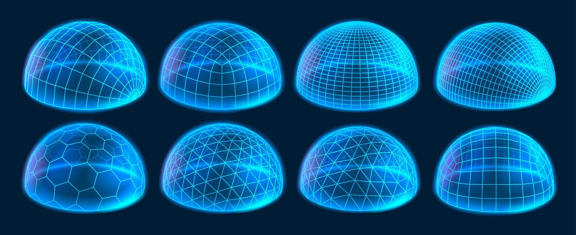 Wireframe dome shields. Secure protection field, digital holographic ...