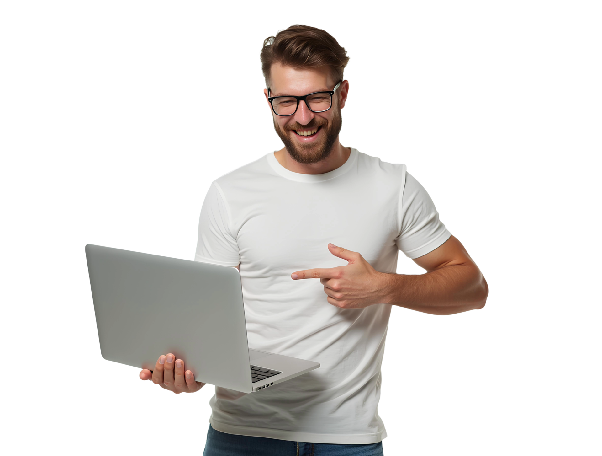 Smiling Man Pointing at Laptop on Transparent Background, Professional ...