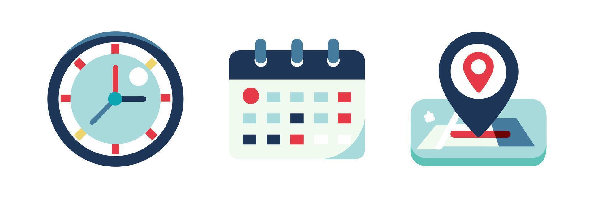 Time, date and address icon set. Clock, calendar, location pin. illustration. 50546814 Vector ...