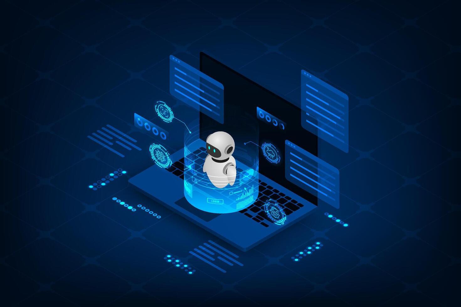 Isometric Artificial intelligence chip on a laptop with robot. Abstract ...