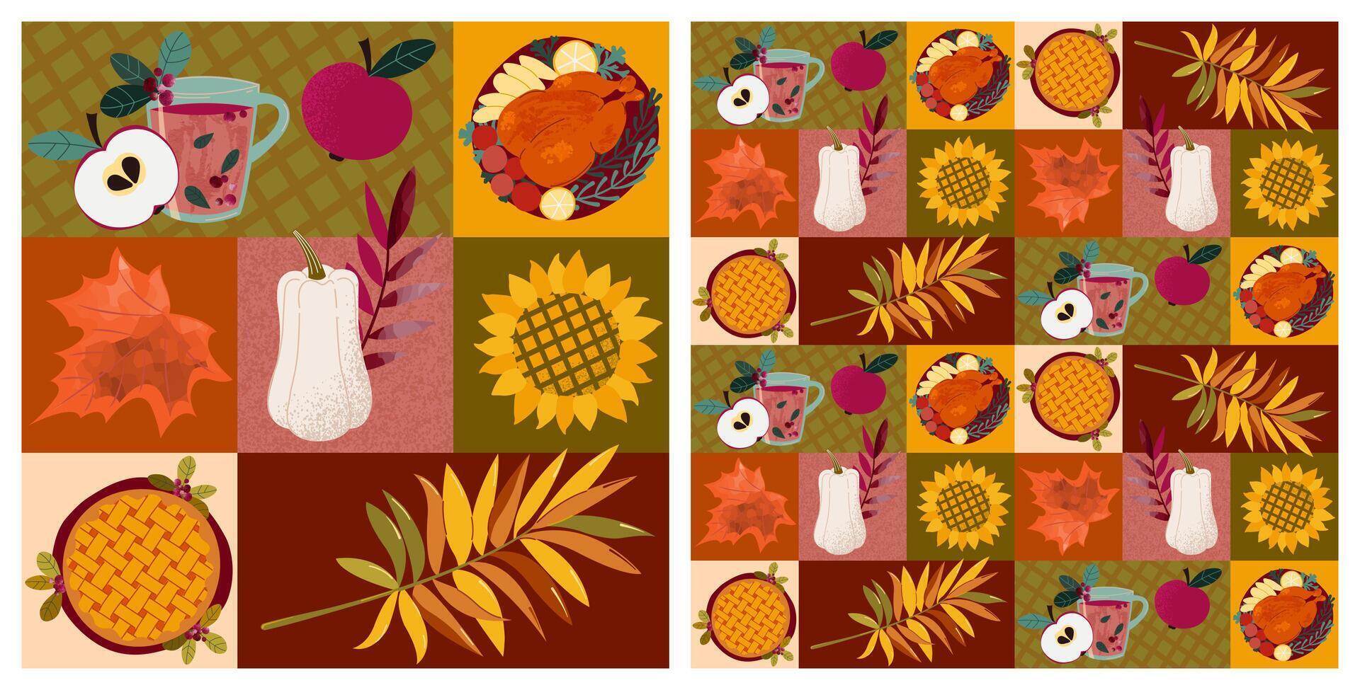 Thanksgiving seamless pattern. Pumpkins, pumpkin pie, roast turkey ...