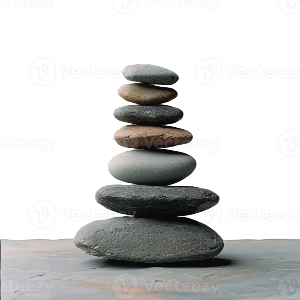 Balanced stack of smooth stones on transparent background symbolizing harmony and tranquility ...