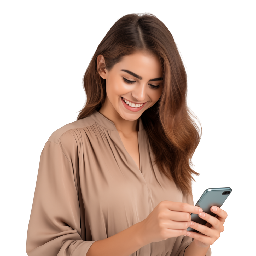 A woman smiling while using her phone 50590553 PNG A woman smiling while using her phone 50590553 PNG