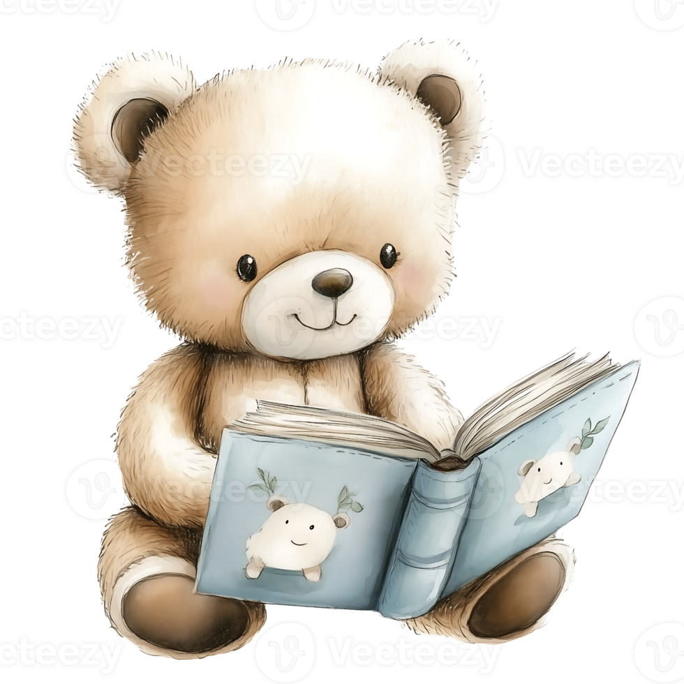 Teddy Bear Reading A Book With Pastel Blue Watercolor Good For Nursery