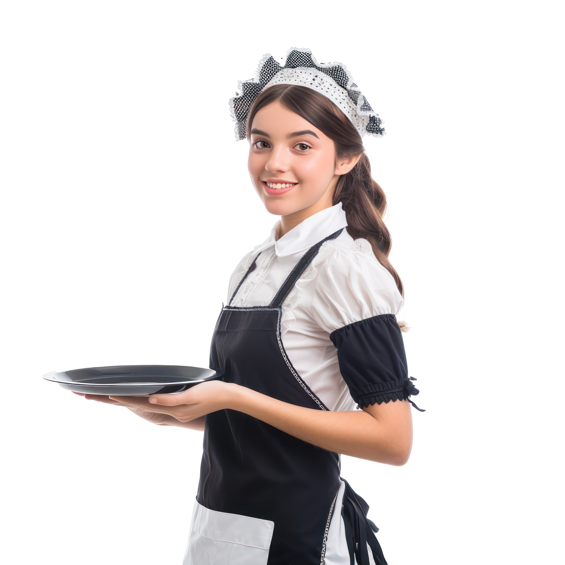 Smiling young attractive female in maid custome with hand holding tray ... Smiling young attractive female in maid custome with hand holding tray ...