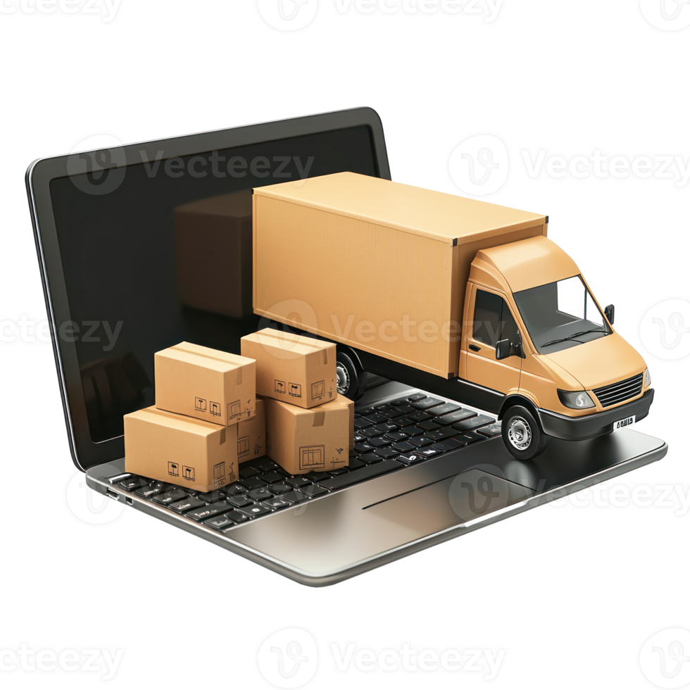 3d Laptop With Van And Cardboard Boxes Logistic Concept Front View
