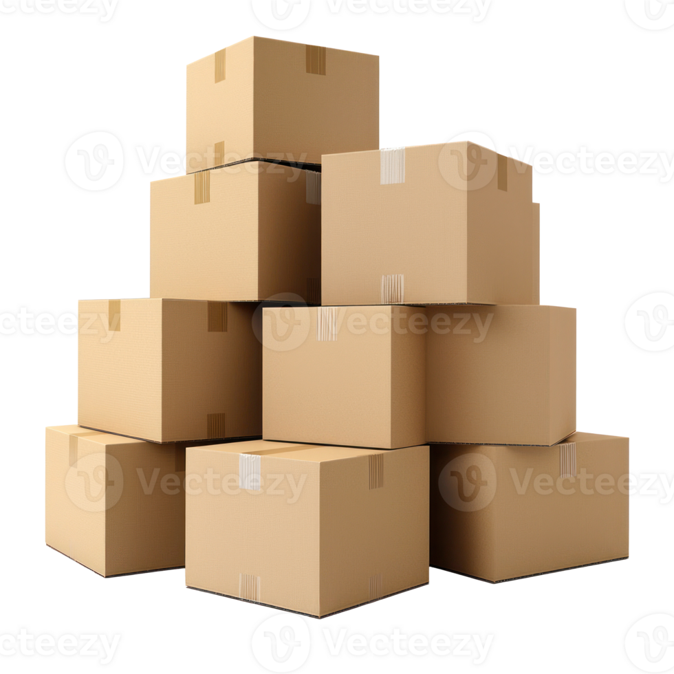 3d Cardboard Box Stack Front View Isolate On Transparency Background
