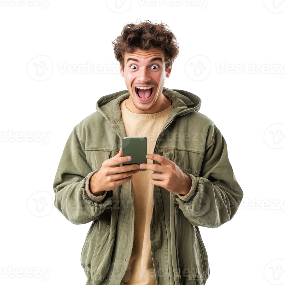 Attractive young man excited looking at her mobile phone, standing ... Attractive young man excited looking at her mobile phone, standing ...