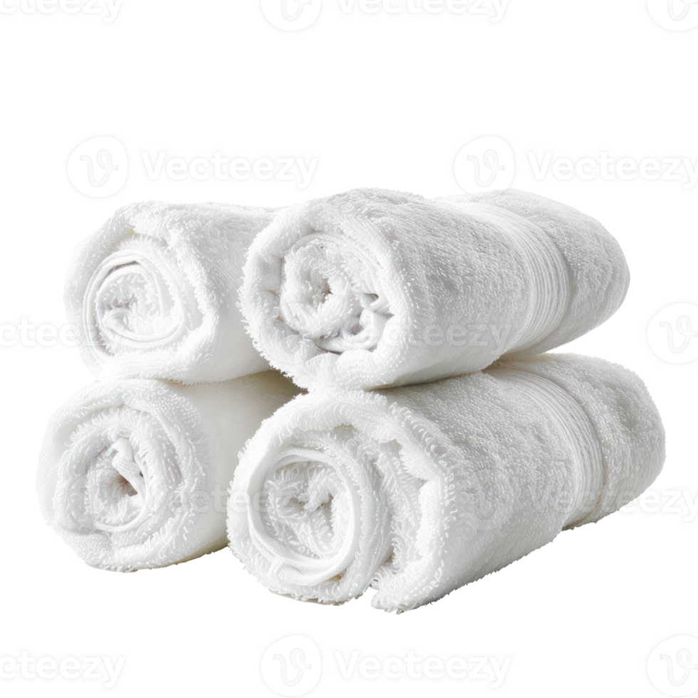 3 Rolled up white towels front view isolate on transparency background ...