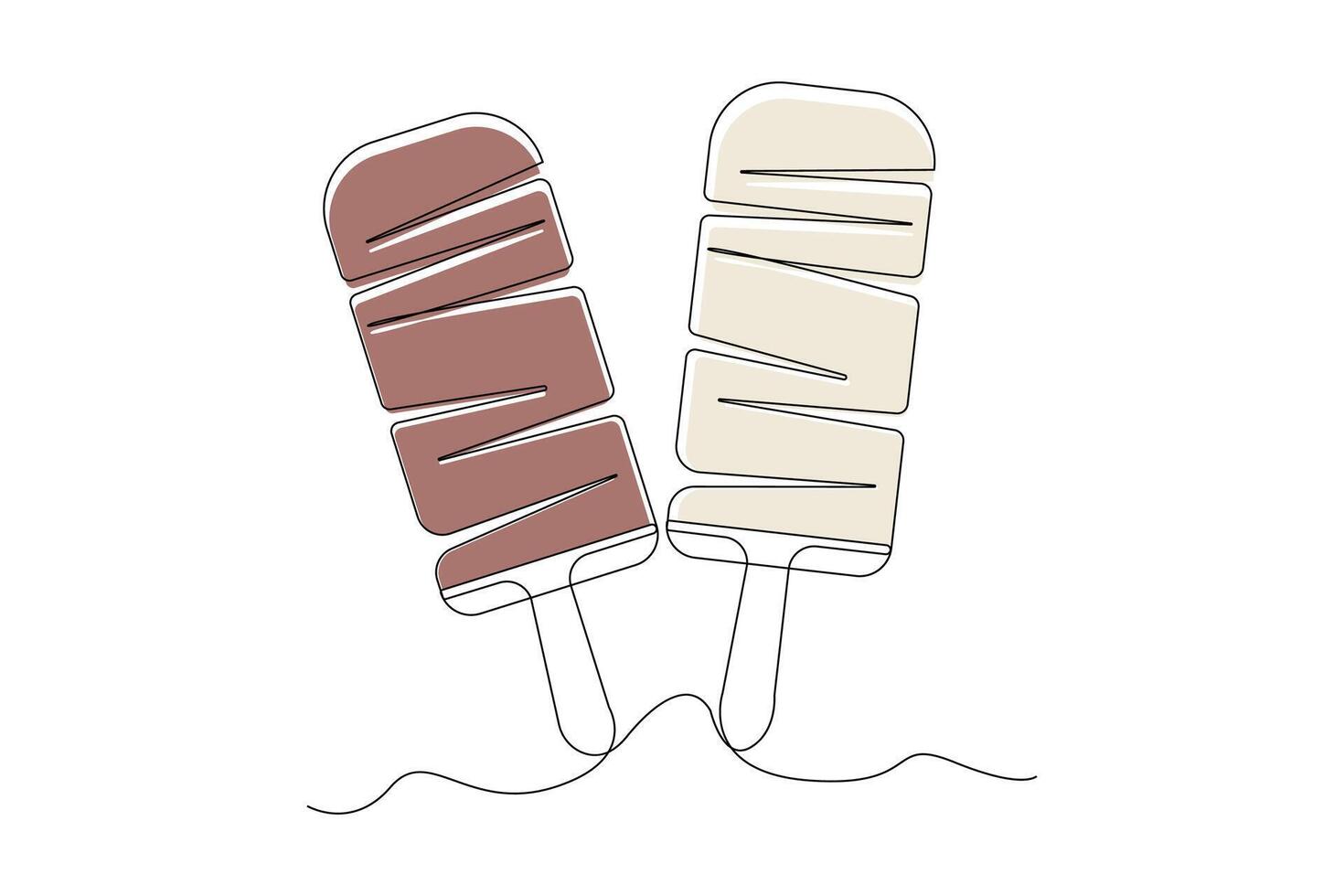 Hand-drawn continuous line art drawing of ice-cream bars. Two flavors of ice cream outline ...