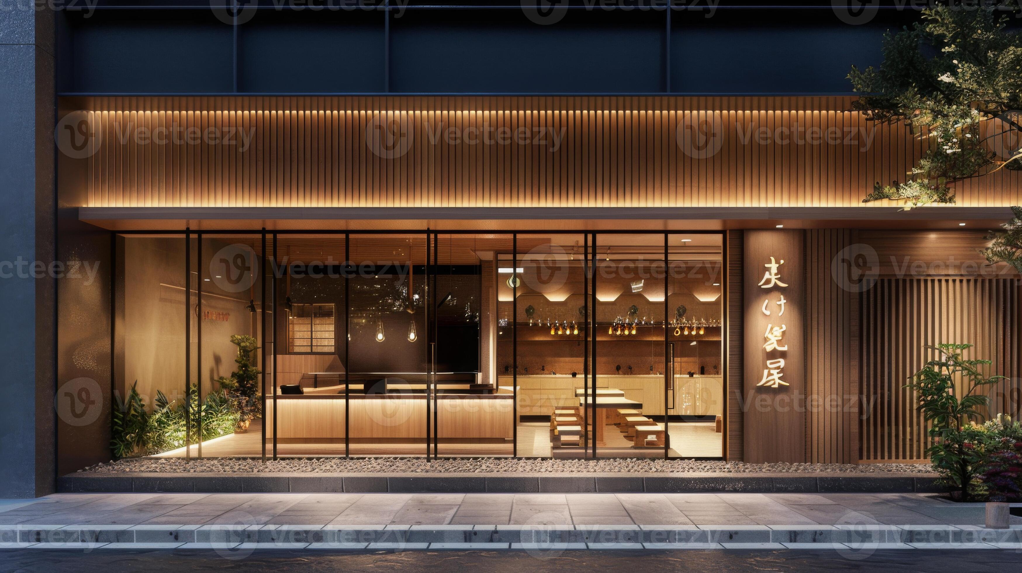 A modern Japanese restaurant with large windows and warm lighting ...