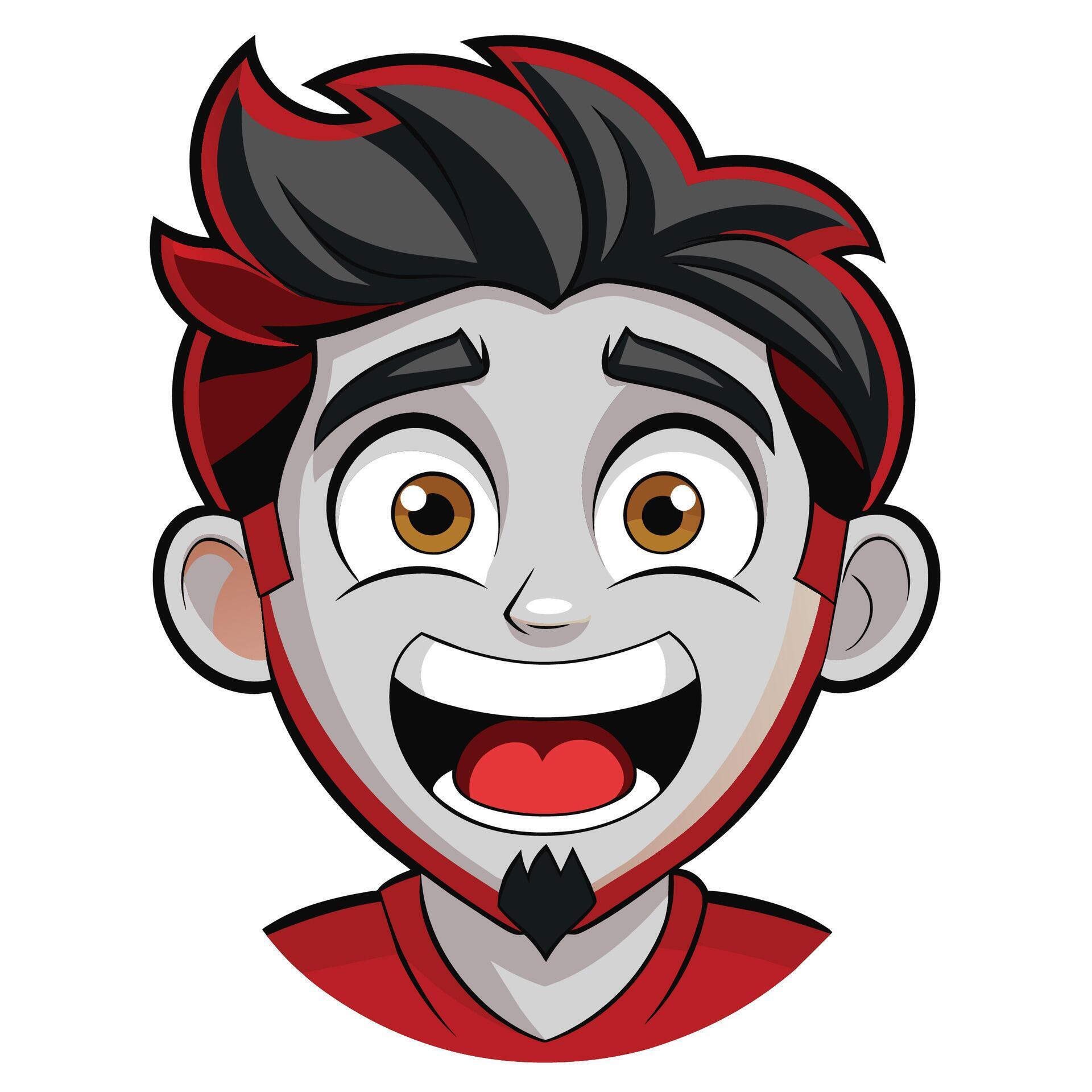 A cartoon character with red hair, a goatee, and a big smile. The character is wearing a red ...