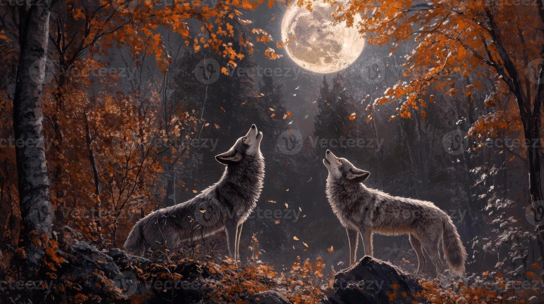 Two wolves howling at the moon in the forest 50622079 Stock Photo at Vecteezy