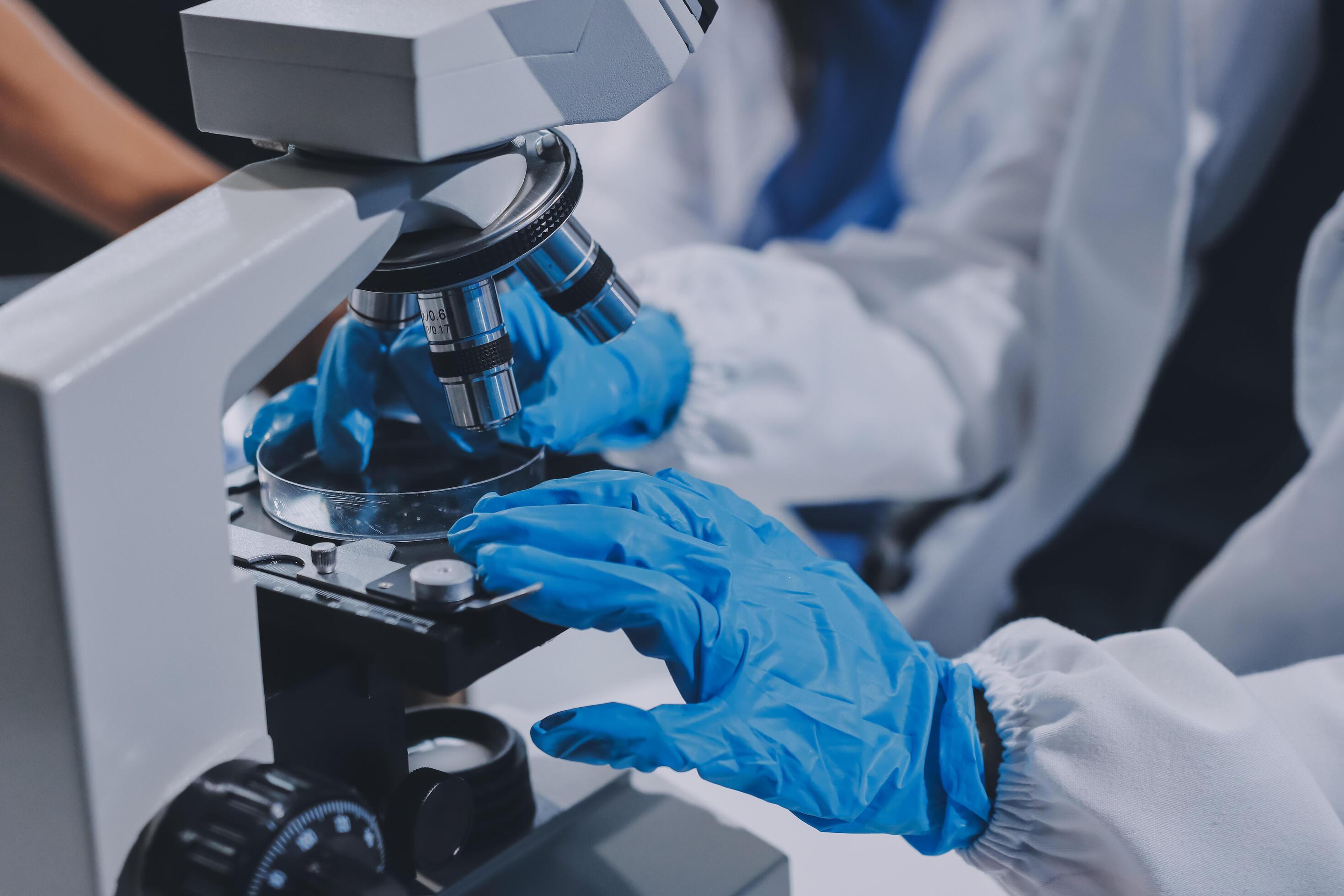 Scientist using microscope in laboratory. Close-up of a researcher's hands adjusting a modern ...