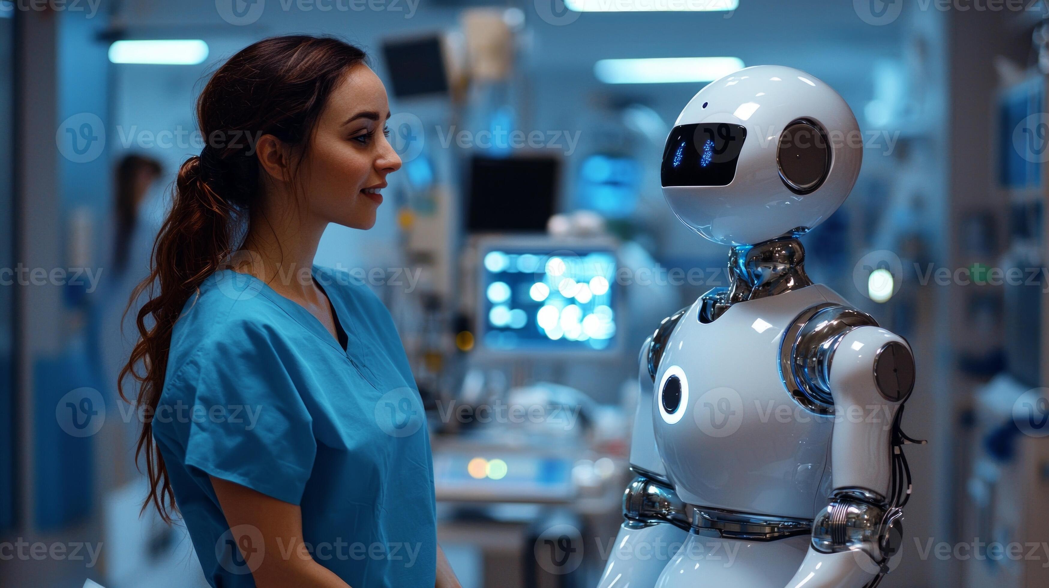 In a contemporary hospital a humanoid robot collaborates with a doctor ...