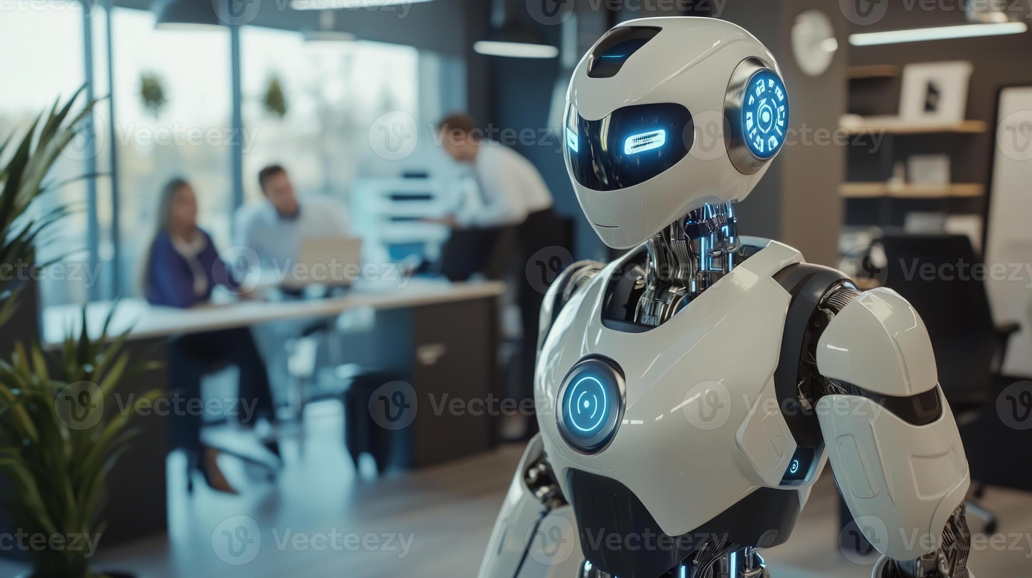 sleek humanoid robot interacts effortlessly with office workers ...