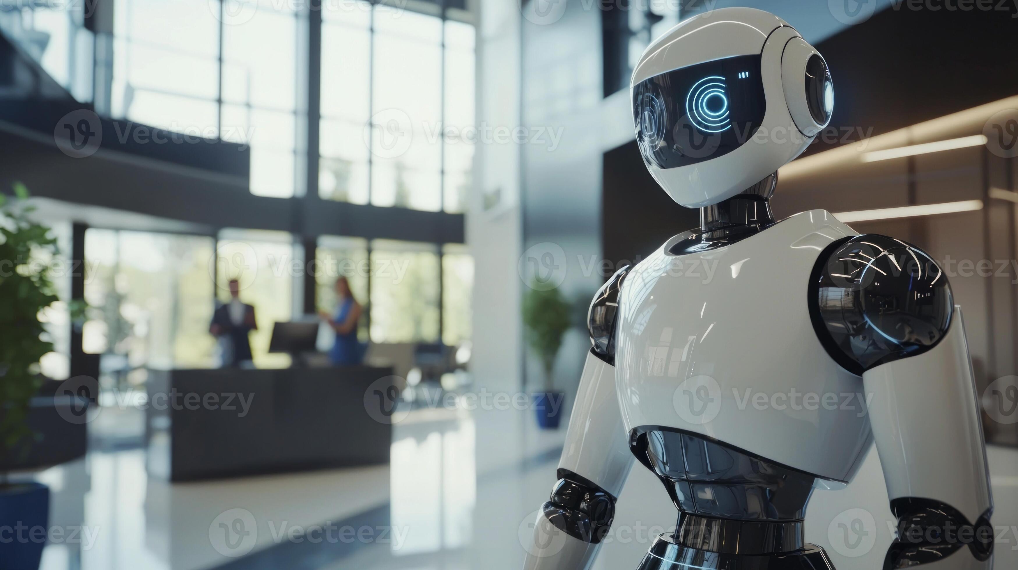 In a contemporary office a humanoid robot engages with employees highlighting the seamless ...