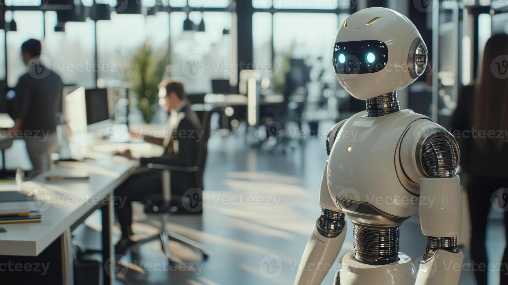 humanoid robot interacts with employees in a sleek modern office environment highlighting the ...