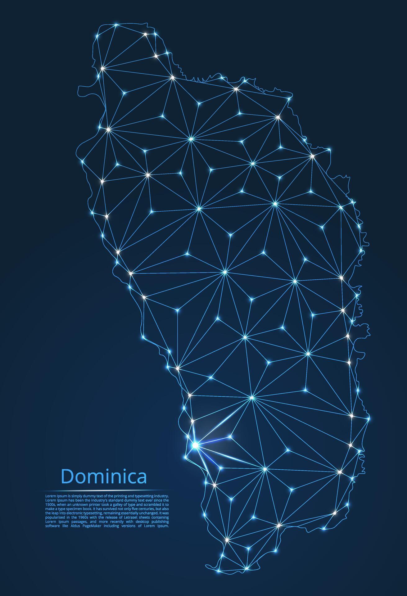 Map of Dominica connection. low-poly image of a global map with lights in the form of cities or ...