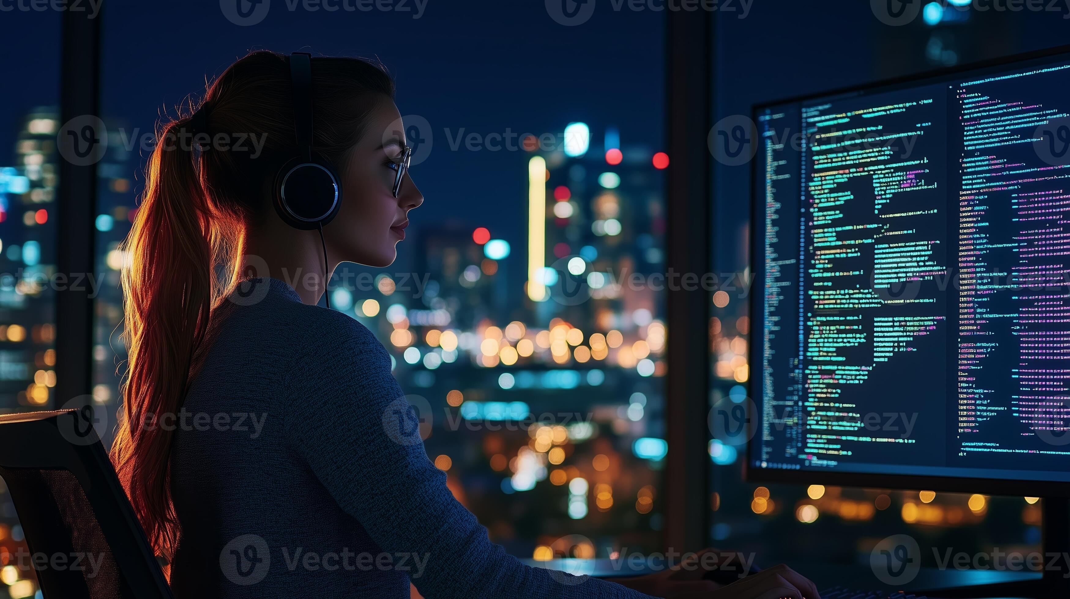A woman programming late at night with a city skyline view illuminated by city lights 50679616 ...