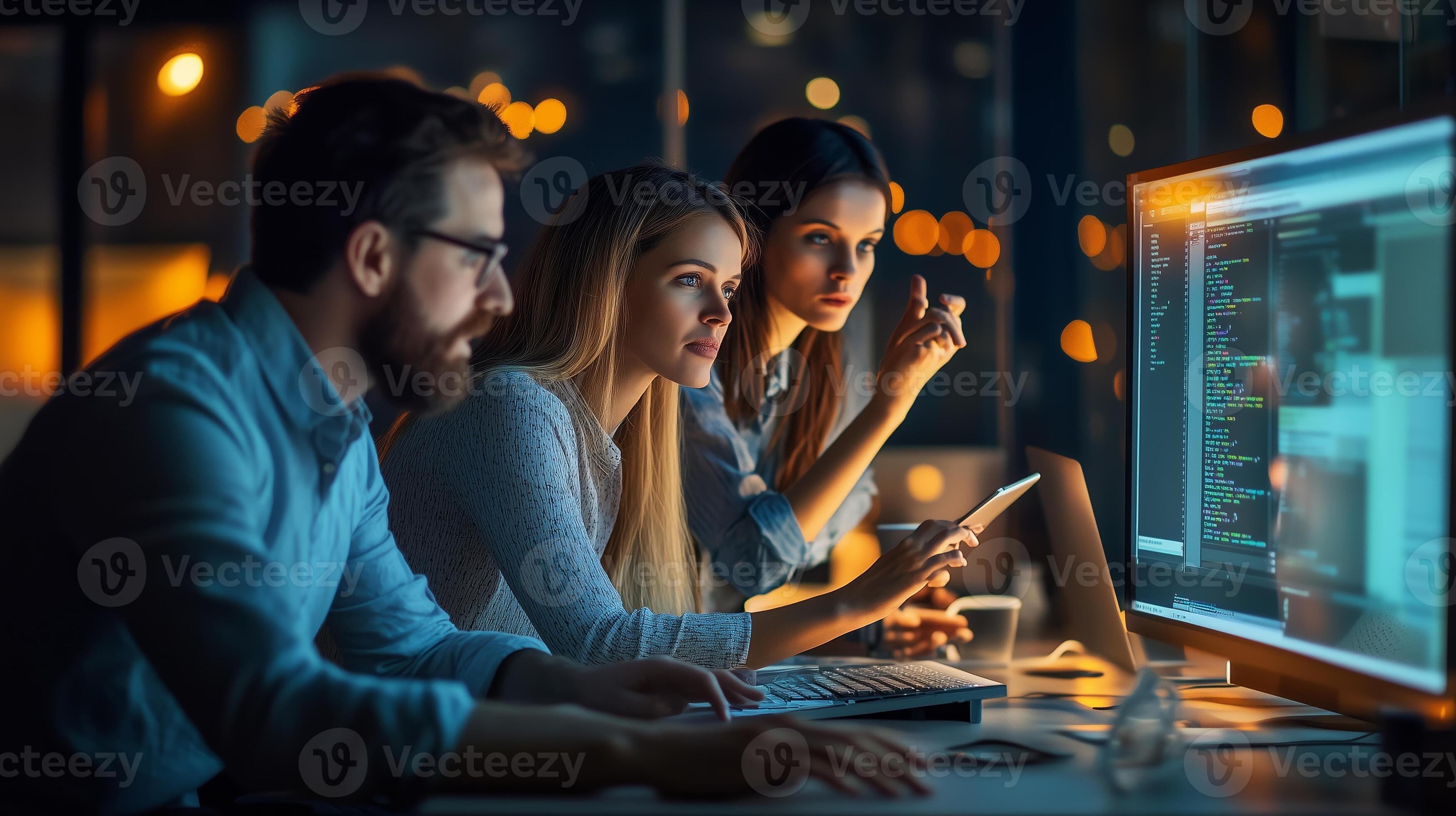 Collaborative programming session in a modern office at night with three professionals working ...