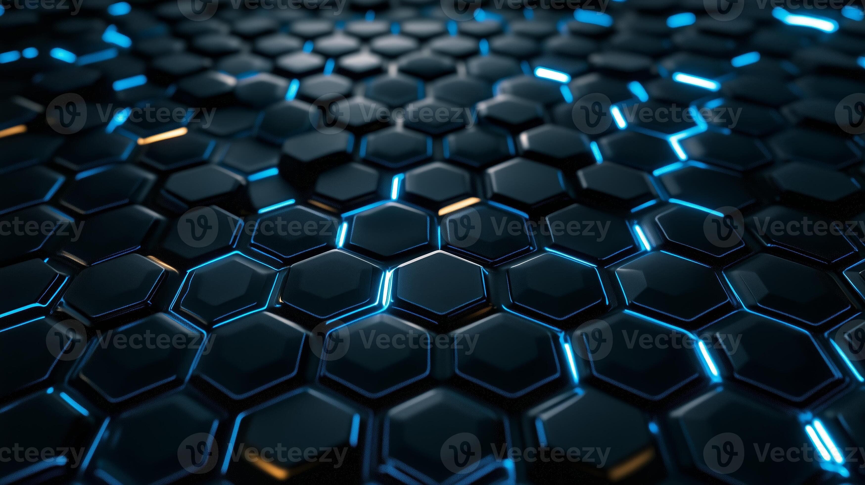High-tech hexagonal pattern illuminated by blue luminescent lines ...
