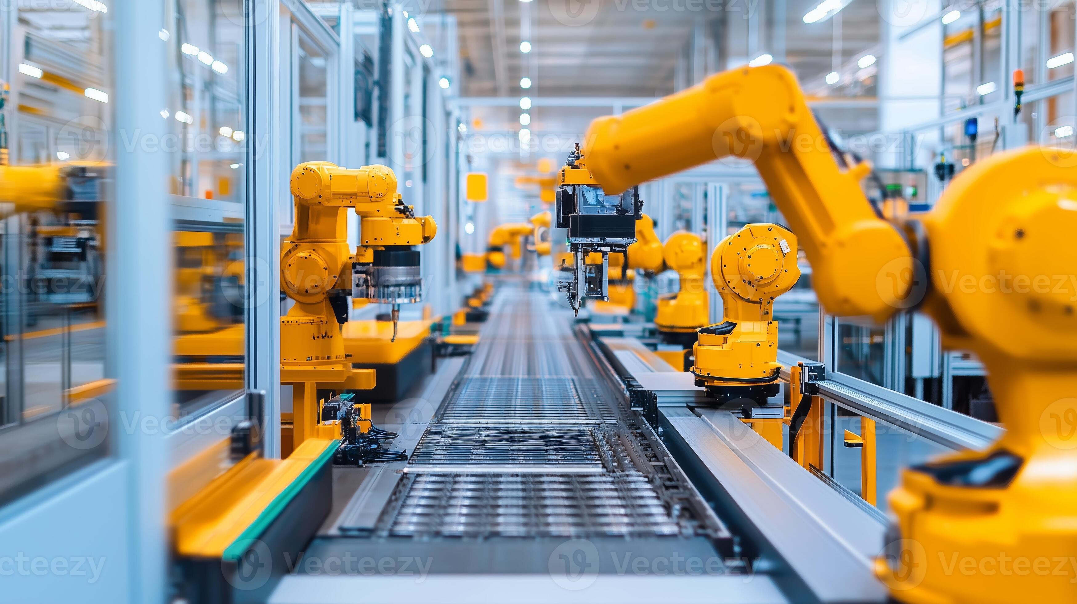 Automated Assembly Line With Robotic Arms Performing Tasks In A Modern Factory During The