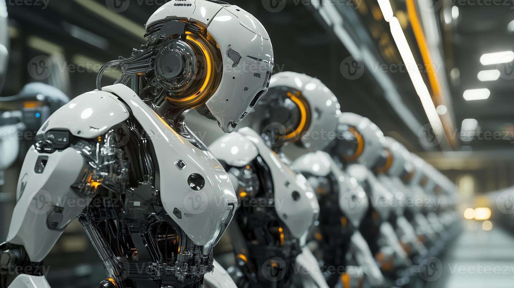 Advanced humanoid robots assembled in a futuristic manufacturing facility during daylight ...