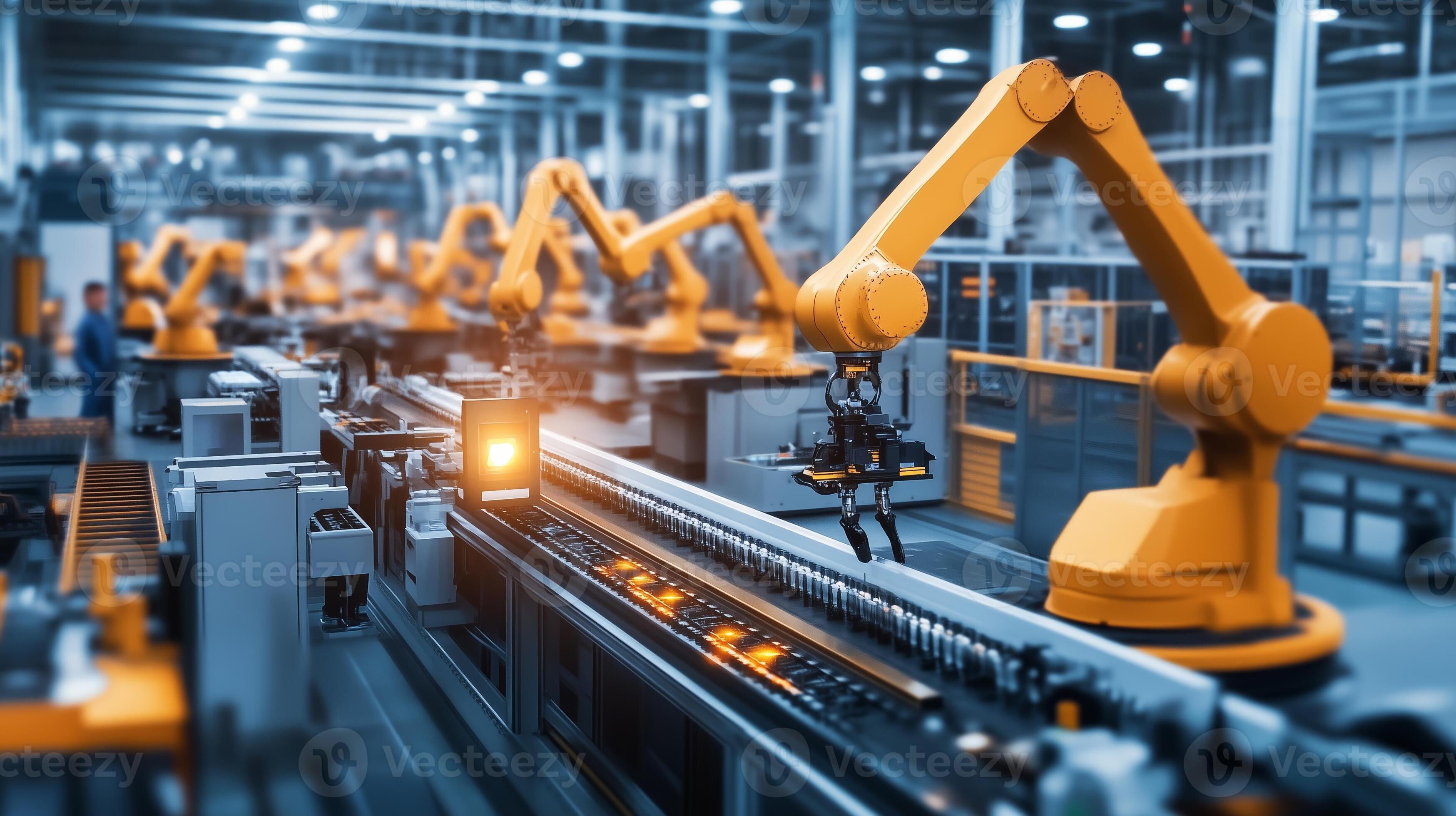 Automated robotic arms working in a modern manufacturing facility ...