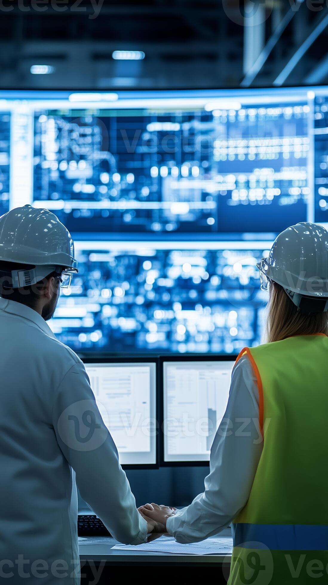 Engineers monitor data analysis on multiple screens in a high-tech ...