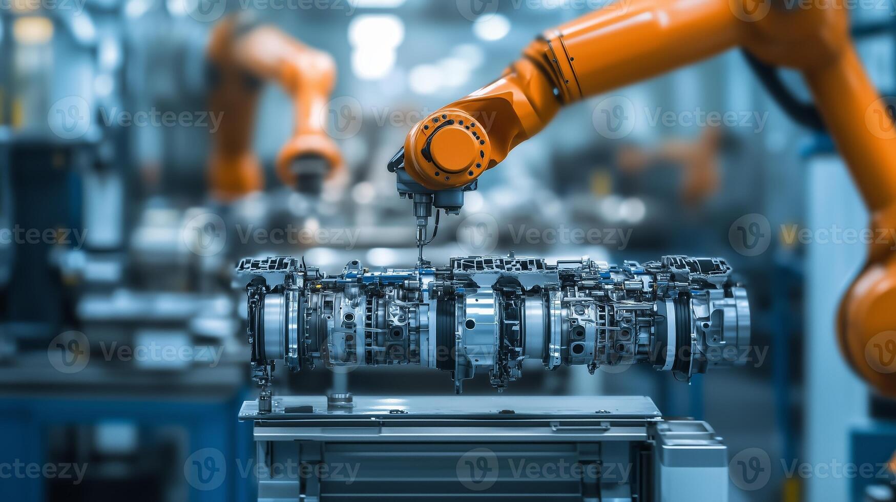 Automated Robotic Arm Assembling Engine Components In A Modern