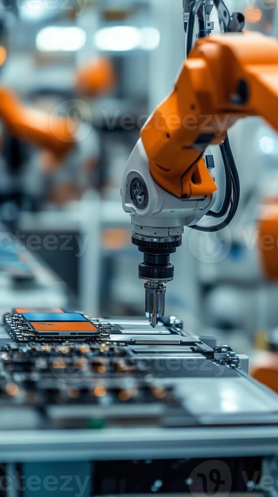 High Tech Robotic Arm Assembling Electronic Components In A Modern