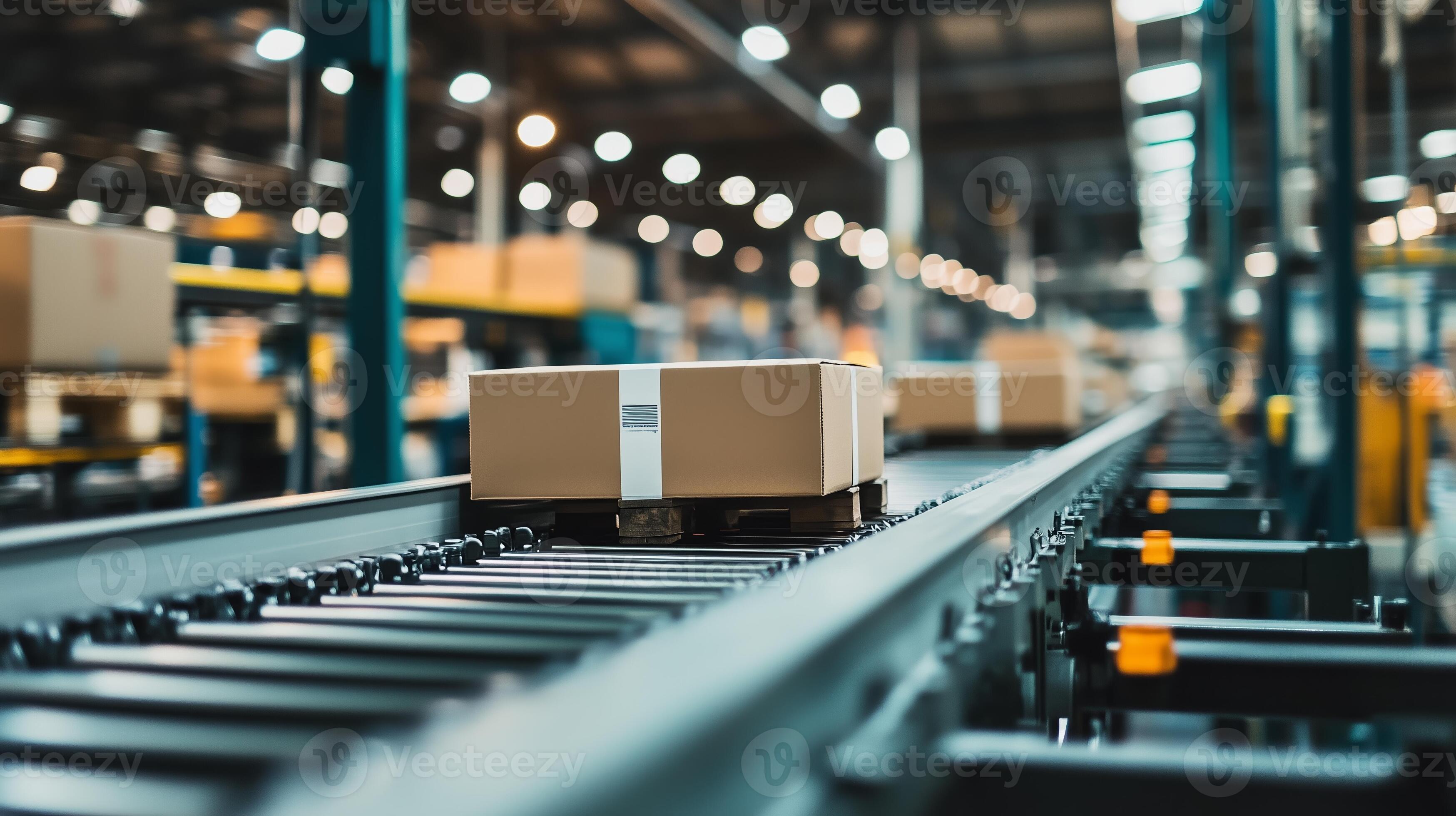 Packages being transported on a conveyor belt in a busy distribution center during the day ...