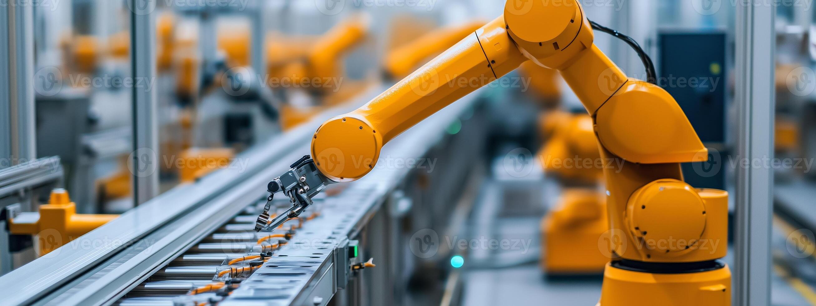 Robotic Arm Performing Assembly Tasks In A Modern Automated Factory