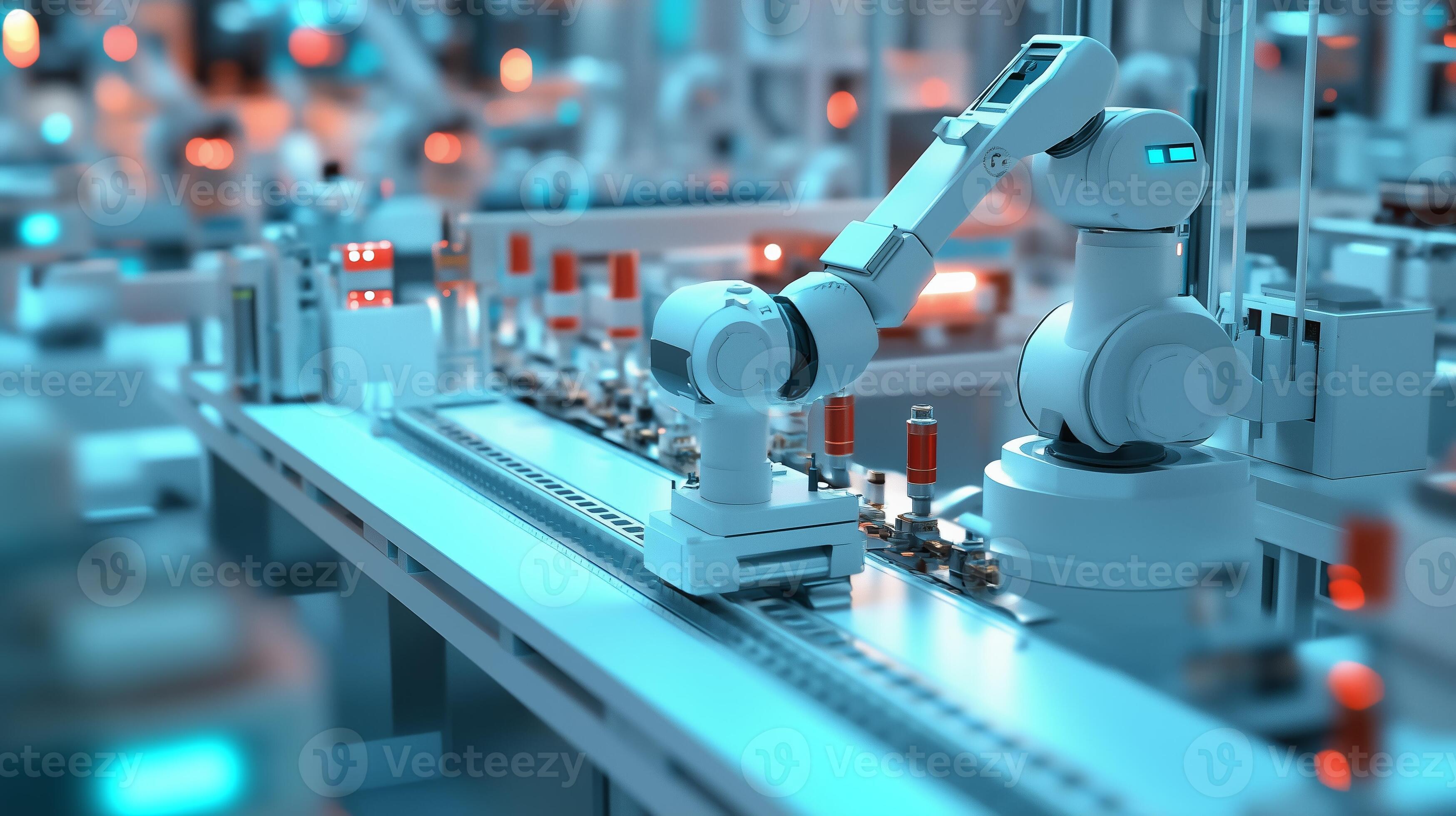 Advanced robotic arm working on an automated assembly line in a high-tech production facility ...