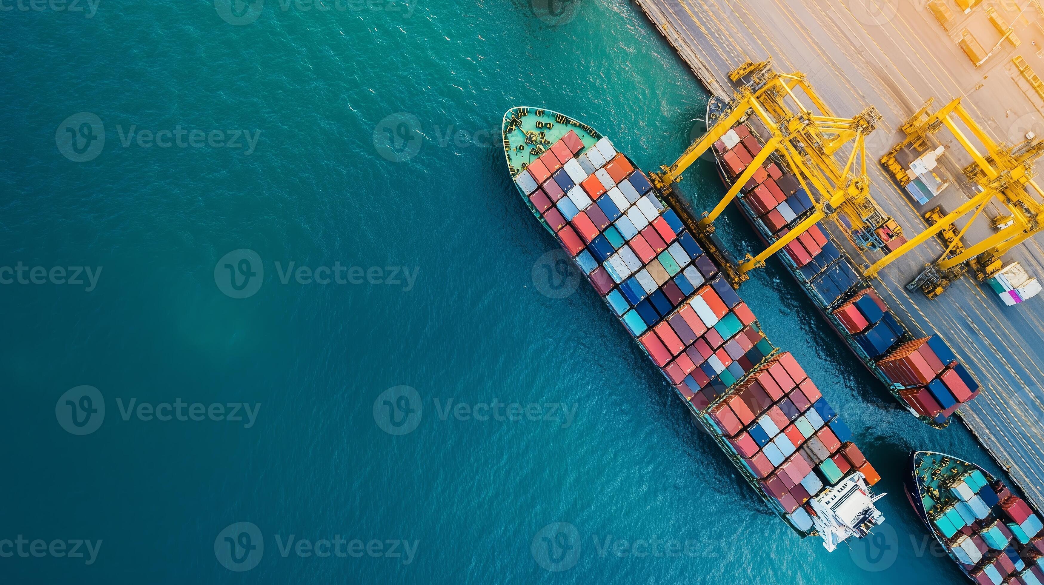 Cargo ships docked at a shipping port unloading containers during sunset near tranquil blue ...