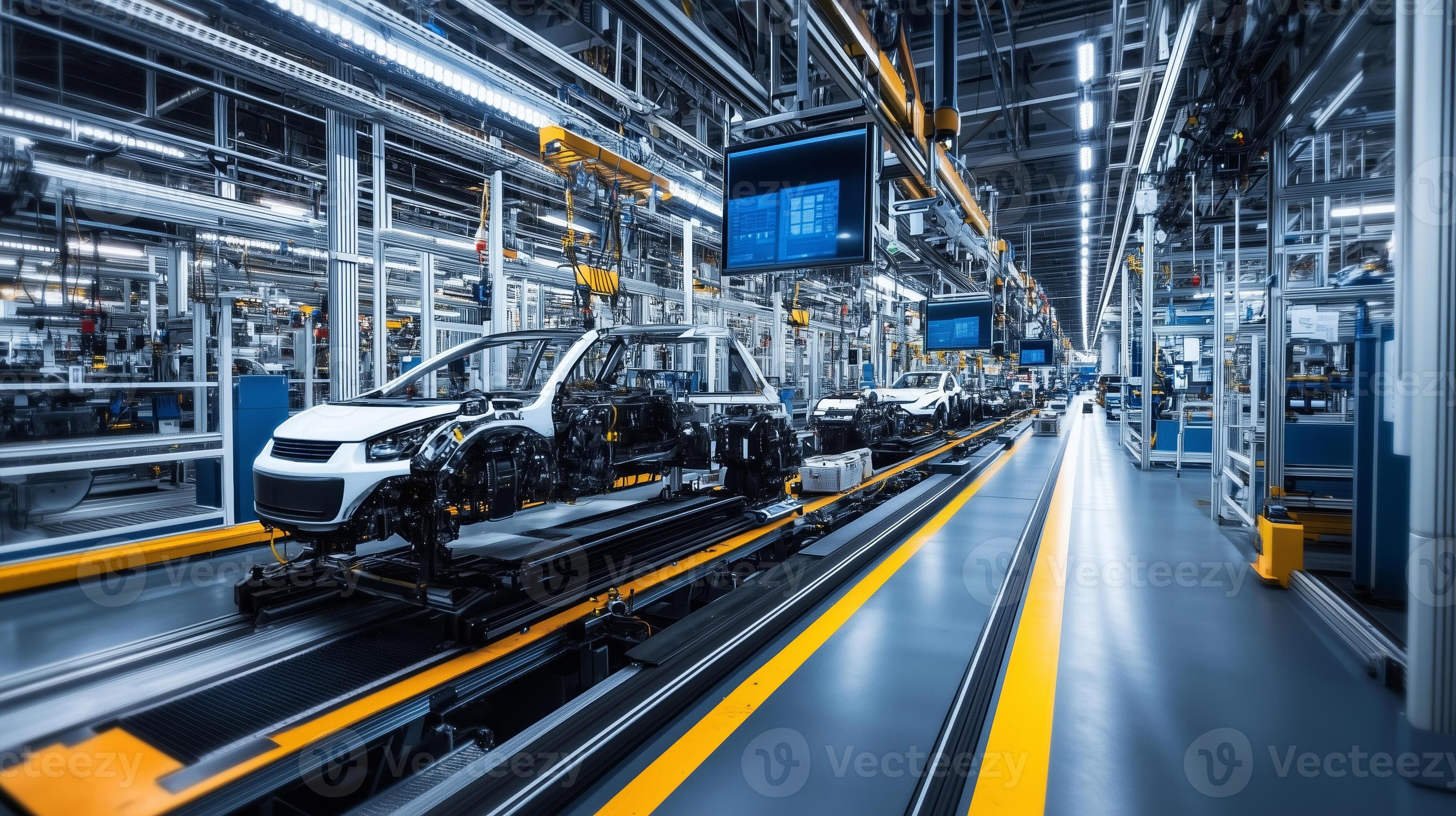 Automobile assembly line with multiple vehicles being constructed in a modern manufacturing ...